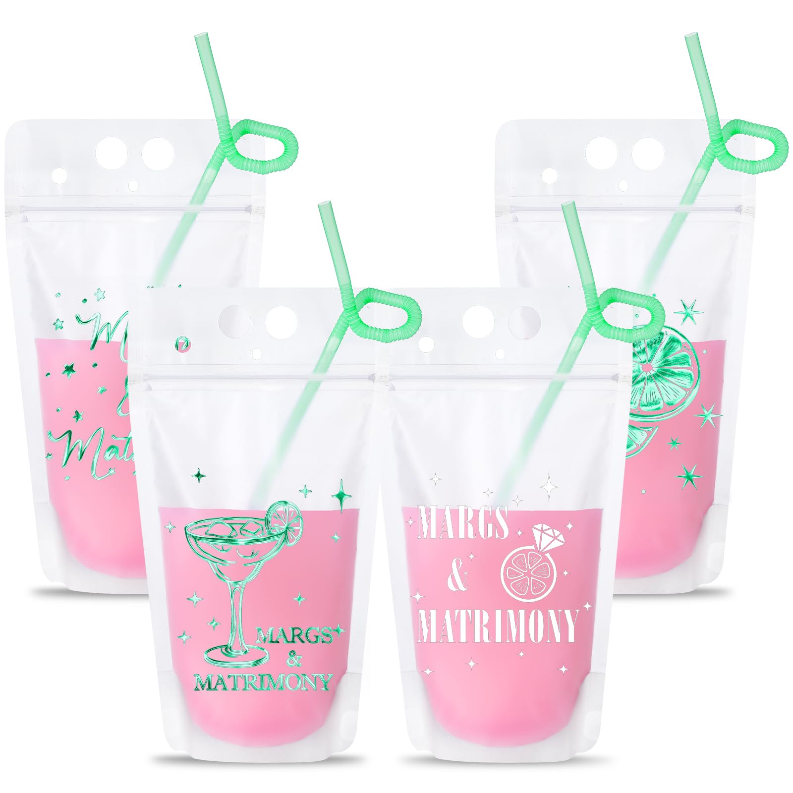 Qilery 24 Pack Margs and Matrimony Bachelorette Party Drink Pouches with Straws, Margarita Drink Bags Handheld Reclosable Zipper Drink Pouch Cups for Bridesmaid Favor Wedding and Bridal Showers