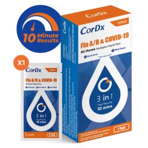 CorDx TyFast Flu A/B & Covid-19 Multiplex Rapid Test, 10 Mins at Home, FDA Authorized, 3-in-1 Combo Kit, 1 Test