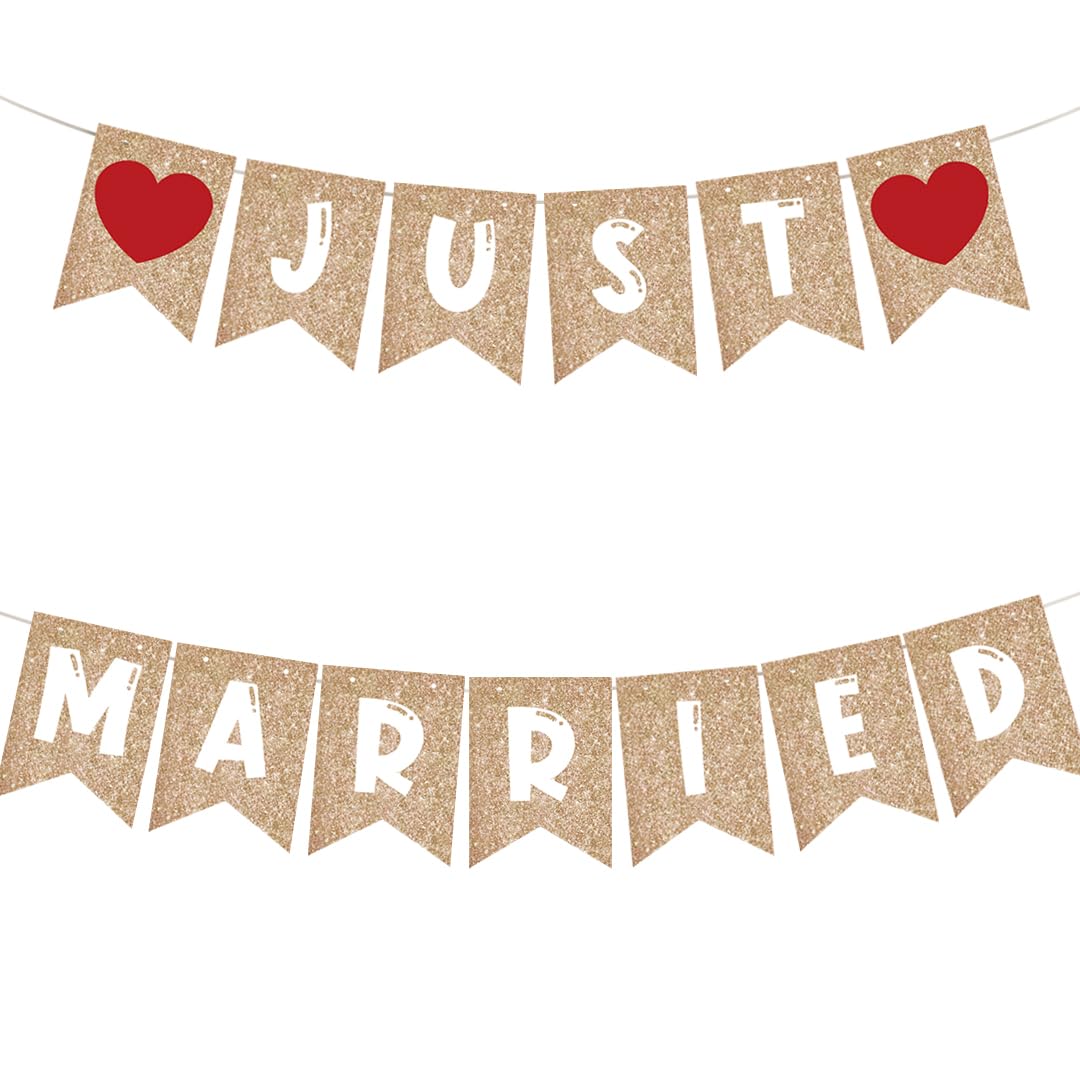 Just Married Banner Wedding Party Banner Just Married Signs Gold Wedding Reception Party for Bridal Shower Decorations