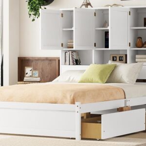 GM Ultra Queen Size Bed Frame with Storage Headboard, Bed Frame Queen Size with 4 Storage Drawers Cabinet, Platform Bed Frame Queen Size with Cabinet, No Box Spring Needed, Easy Assembly, White