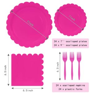 MUNILAIL 96 Pcs Hot Pink Plates and Napkins Party Supplies Serve 24 Guests Including Hot Pink Scalloped Paper Plates and Napkins Plastic Forks for Baby Shower Birthday Party Disposable Dinnerware Set