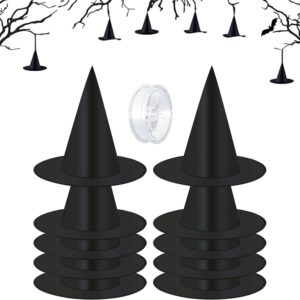 10pcs halloween witch hat costume accessories decorations with hanging rope, hanging wizard hat for halloween party, floating front porch yard indoor outdoor hat decoration party supplies (black)