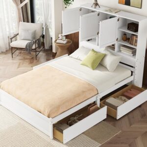 GM Ultra Queen Size Bed Frame with Storage Headboard, Bed Frame Queen Size with 4 Storage Drawers Cabinet, Platform Bed Frame Queen Size with Cabinet, No Box Spring Needed, Easy Assembly, White