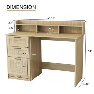 FUNKOCO Computer Desk with Rattan Drawers and Hutch Shelf - 47 Inch Home Office Writing Desk with Storage File Drawer & Monitor Stand, Modern Wood PC Laptop Workstation Computer Table