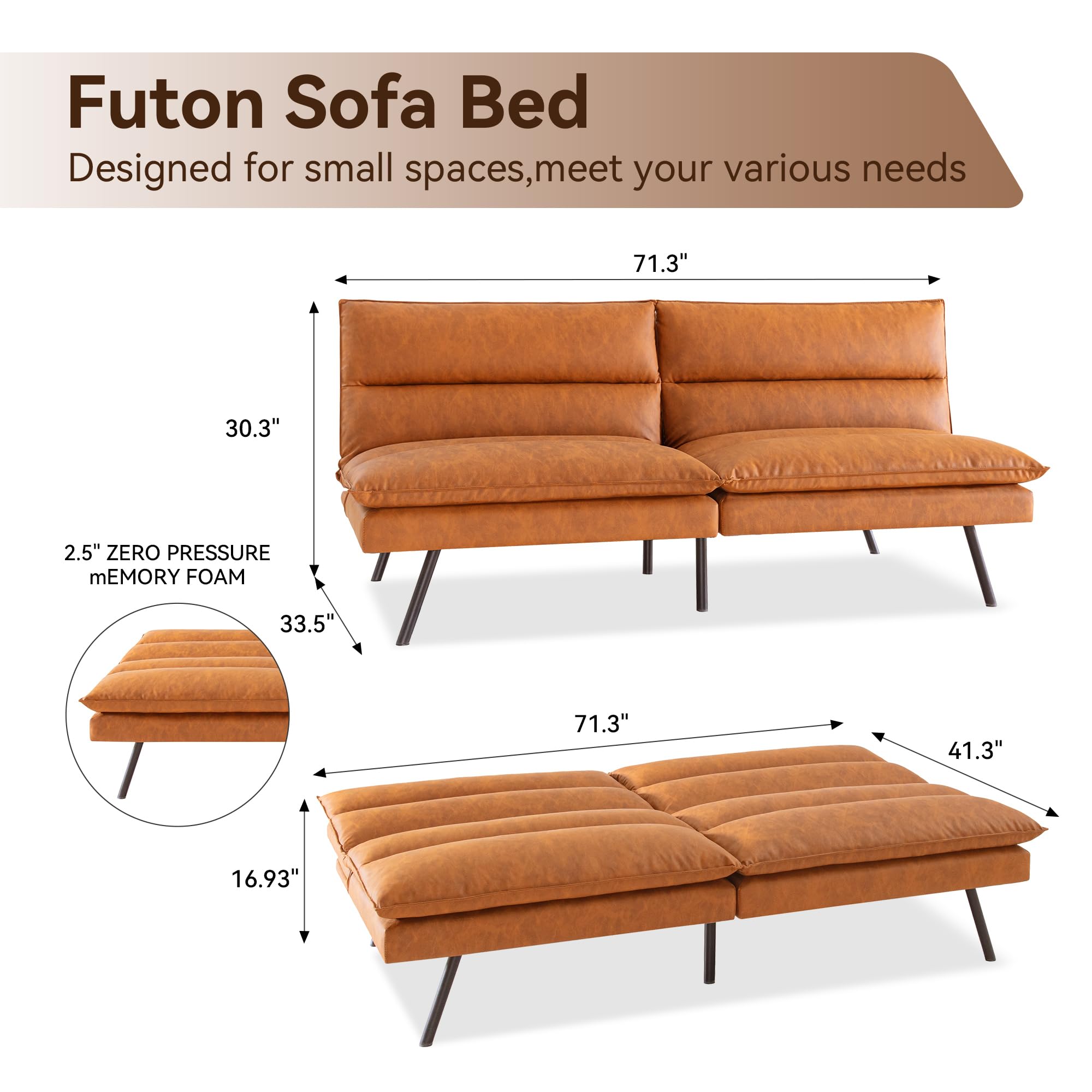 AMICLIBER Futon Sofa Bed, Memory Foam Futon Armless Sleeper Sofa Loveseat Convertible Couch Bed for Small Compact Living Spaces,Apartment,Brown Leather