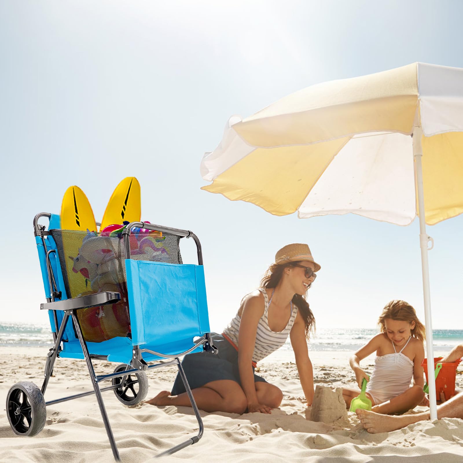 Slsy Beach Cart Chairs with Wheels, 2 in 1 Heavy Duty Beach Chair with Canopy Shade, Foldable Beach Lounge Chair with Integrated Wagon Pull Cart Combination, Perfect for Backyard, Pool or Picnic