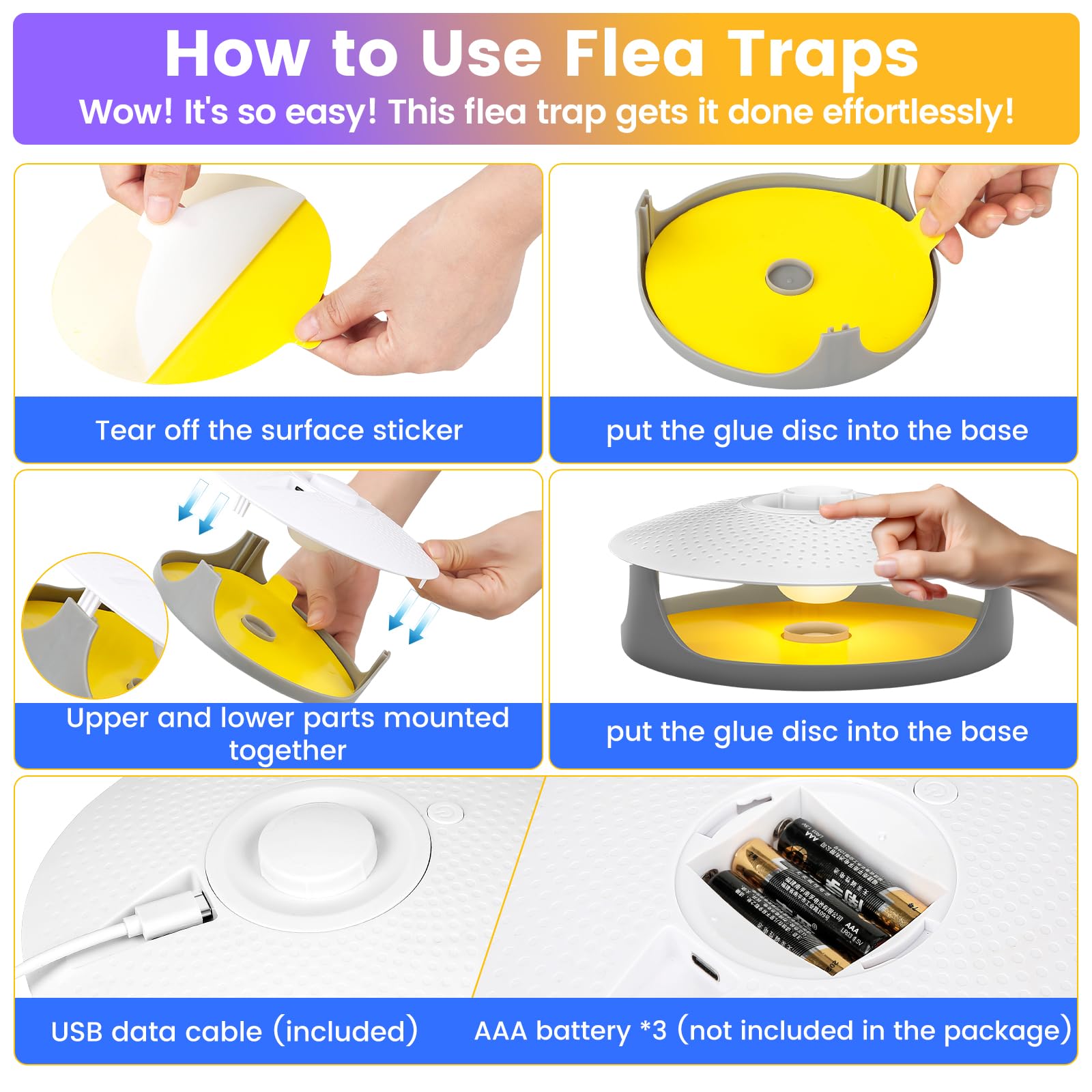 HiAnifri Flea Traps for Inside Your Home,Flea Killer for Home with Sticky Pads,Easy to Use 2 LED Light Modes Flea Light Trap for Indoor Outdoor, Effective Flea Home Treatment for House