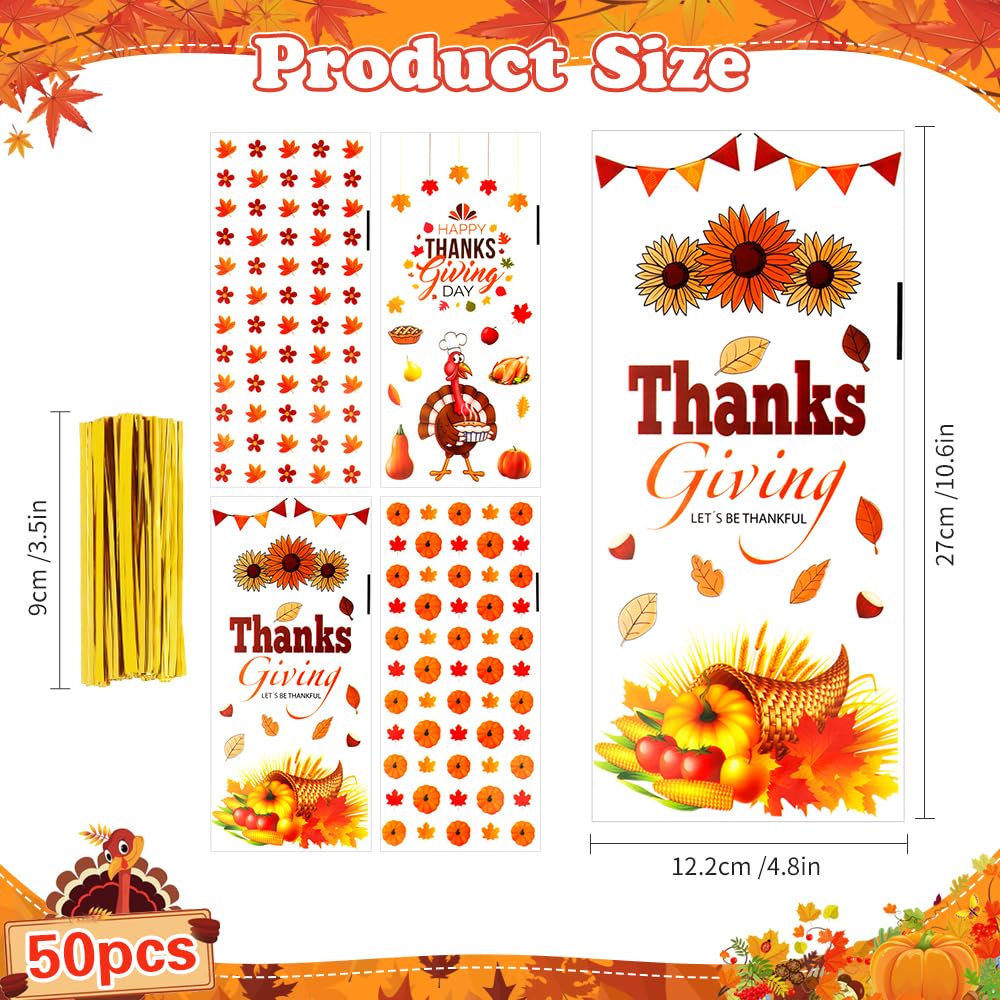 STPIYFZU Thanksgiving Treat Bags, 50 Pcs Fall Cellophane Treat Bags, Pumpkin Maple Leaf turkeys Candy Goodie Treat Bags with Twist Tie for Thanksgiving Fall Autumn Theme Party Favor Bag (4 Styles)