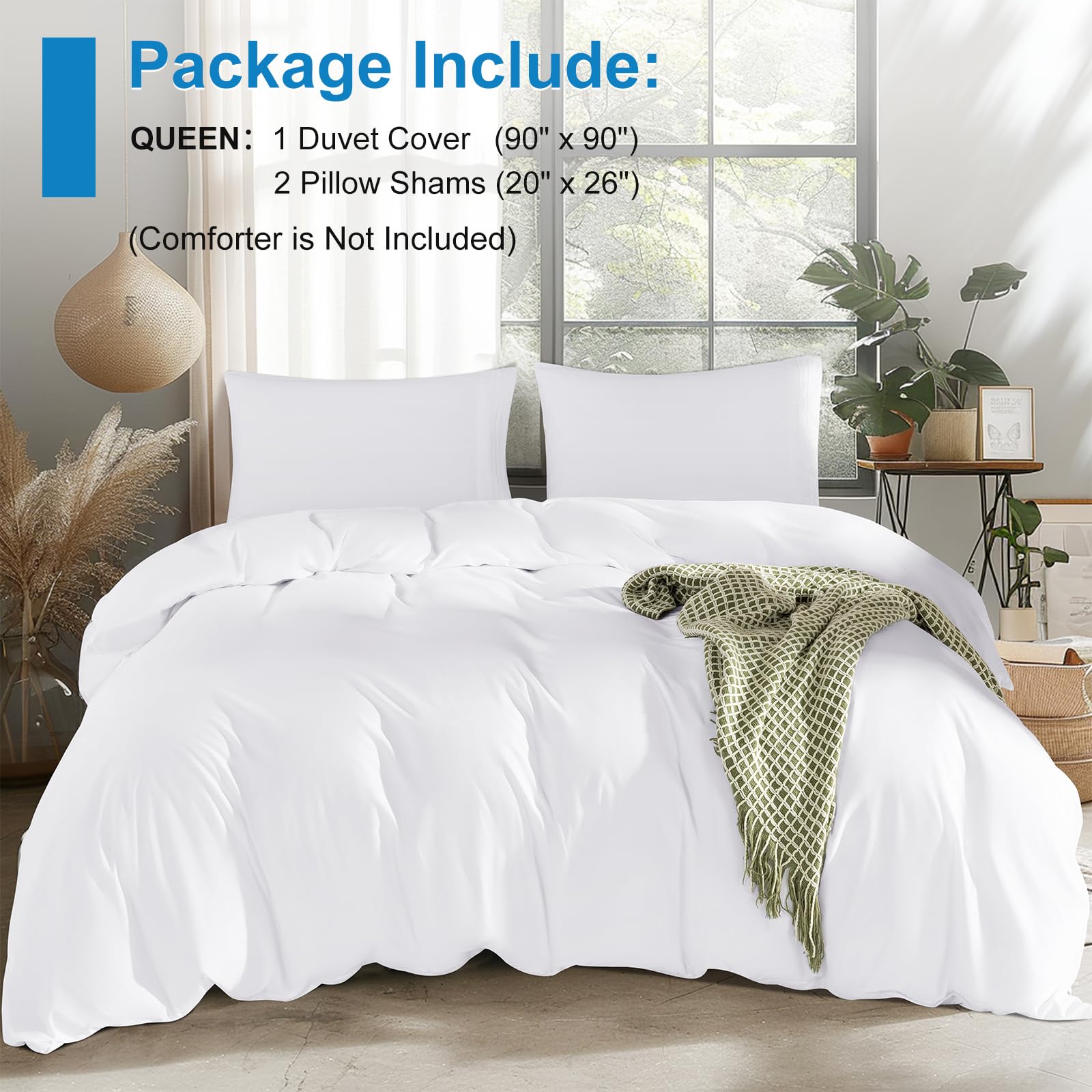 SONORO KATE Washed Microfiber Duvet Cover Queen Size Set - 1 Duvet Cover with 2 Pillow Shams - 3 Pieces, Soft & Breathable Comforter Cover - Zipper Closure(White-4,Queen)