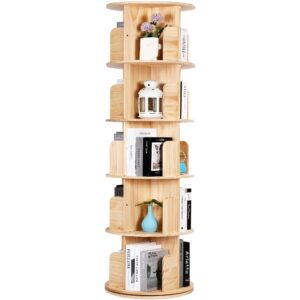 rengue rotating bookshelf tower, 5 tiers floor standing bookcase storage rack, 360 display round spinning bookshelf with detachable feet for small space, bedroom, living room, office