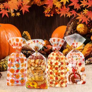 STPIYFZU Thanksgiving Treat Bags, 50 Pcs Fall Cellophane Treat Bags, Pumpkin Maple Leaf turkeys Candy Goodie Treat Bags with Twist Tie for Thanksgiving Fall Autumn Theme Party Favor Bag (4 Styles)