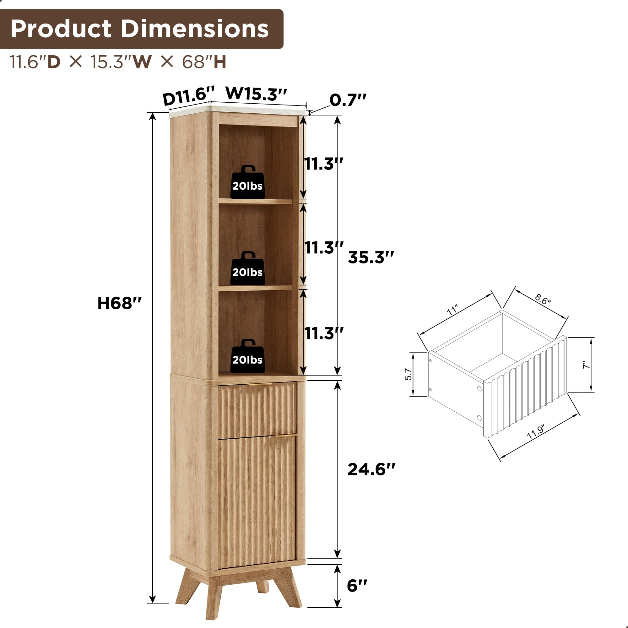 RedLemon 68" Tall Bathroom Narrow Storage Cabinet with Adjustable Shelf, Drawer & Faux Marble Top, Curved Profile Linen Tower for Bathroom, Living Room, Kitchen, Natural Oak Color