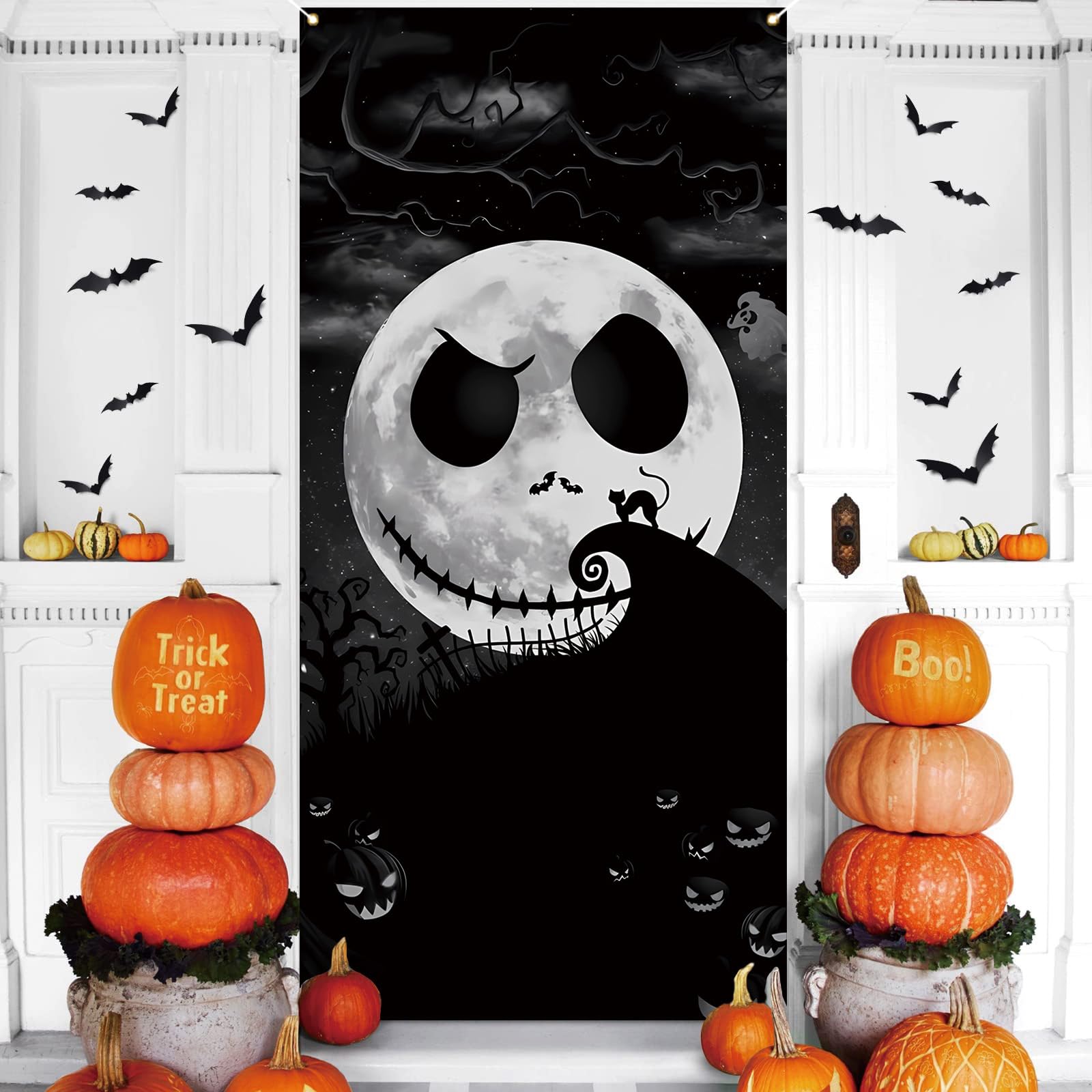 Nightmare Before Christmas Door Cover Halloween Porch Sign Banner Jack Skellington Sally Zero Oogie Boogie Halloween Decorations and Supplies for Home