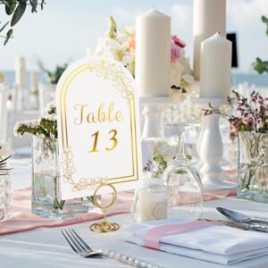 Wedding Table Numbers 1-20, 20 White Gold Table Number Cards with 20 Gold Table Number Holders, 1 Set of 20 Table Numbers for Wedding Reception(Card and Holder)