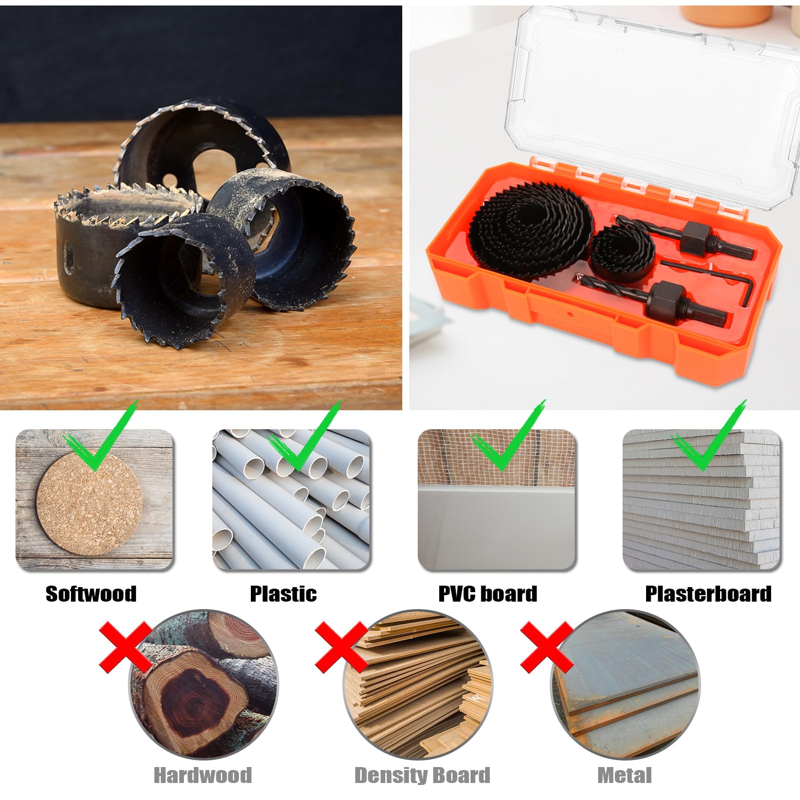 Hole Saw Kit, 15pcs Hole Saw Set with 3/4" to 2.95"(19mm-75mm) 12 PCS Saw Blades, Mandrels, Hex Key, 2024 Upgraded Hole Saw for PVC Board, Wood and Plywood