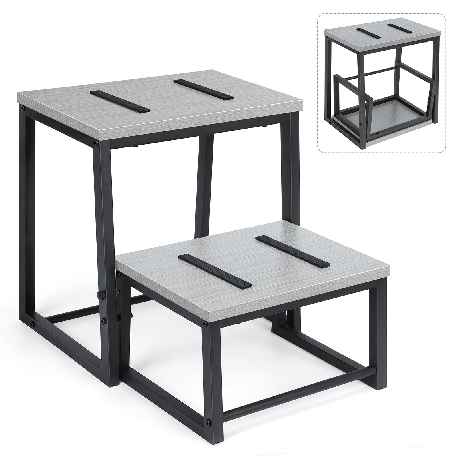 LIANTRAL Step Stool for Adults Kids, Sturdy Metal Frame Wooden Board Step Stool Helper, Supports Up to 350lb, Foot Stool, 2 in1 Step Stool for High Bed Kitchen Bathroom, Grey