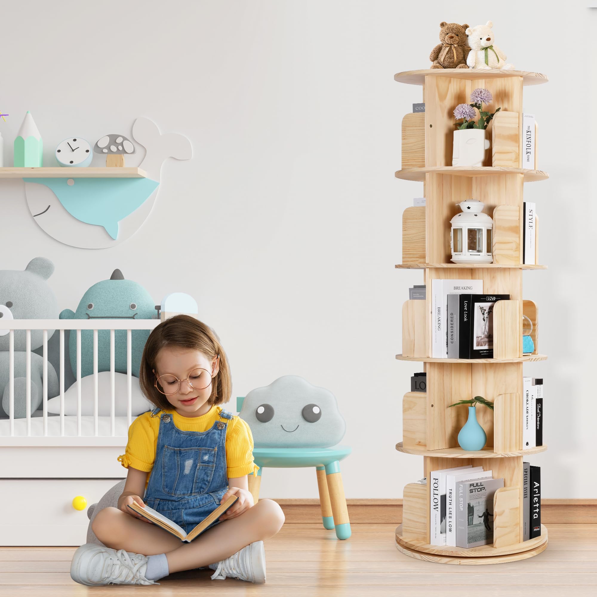 Rengue Rotating Bookshelf Tower, 5 Tiers Floor Standing Bookcase Storage Rack, 360 Display Round Spinning Bookshelf with Detachable Feet for Small Space, Bedroom, Living Room, Office