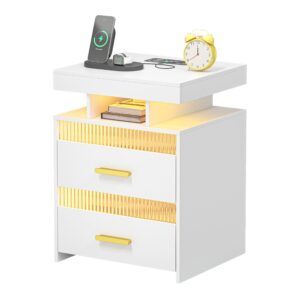 nightstand with charging station, modern night stand with 2 drawers, bedside table with 24 colors led lights and human sensor for bedroom/livingroom(white)