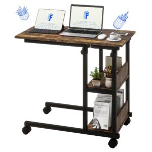 flexispot adjustable c table with wheels, mobile snack side end table sofa couch bedside table laptop rolling cart tv tray night stand with storage shelves for small space side table,rustic brown