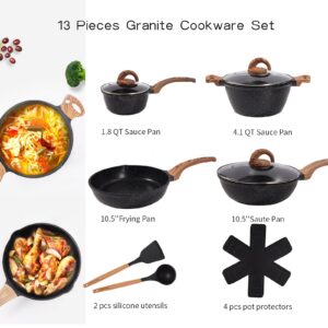 PRAMEDIA Pots and Pans Set Ultra Non Stick, 13 Pcs Cookware Sets with Silicone Utensils, Induction Granite Cooking Set with Frying Pan, Deep Frying Pan, Stock Pot, Saucepan, Non-Toxic, PFOS, PFOA free