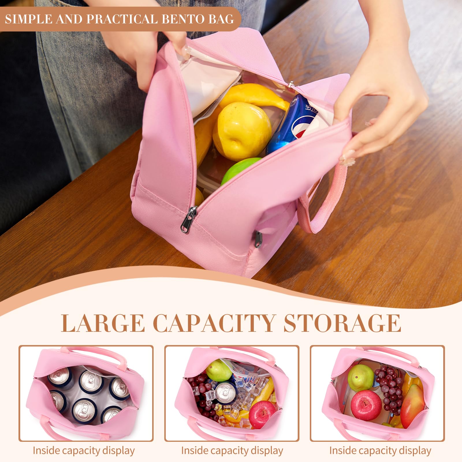 HOPROSE Insulated Lunch Bag for Women Men Adults Lunch Tote with Front Pocket Lunch Box Container Cooler Bag for Work Picnic (Pink)