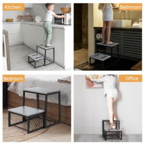 LIANTRAL Step Stool for Adults Kids, Sturdy Metal Frame Wooden Board Step Stool Helper, Supports Up to 350lb, Foot Stool, 2 in1 Step Stool for High Bed Kitchen Bathroom, Grey