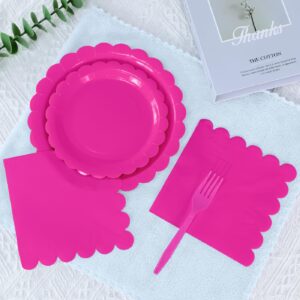 MUNILAIL 96 Pcs Hot Pink Plates and Napkins Party Supplies Serve 24 Guests Including Hot Pink Scalloped Paper Plates and Napkins Plastic Forks for Baby Shower Birthday Party Disposable Dinnerware Set