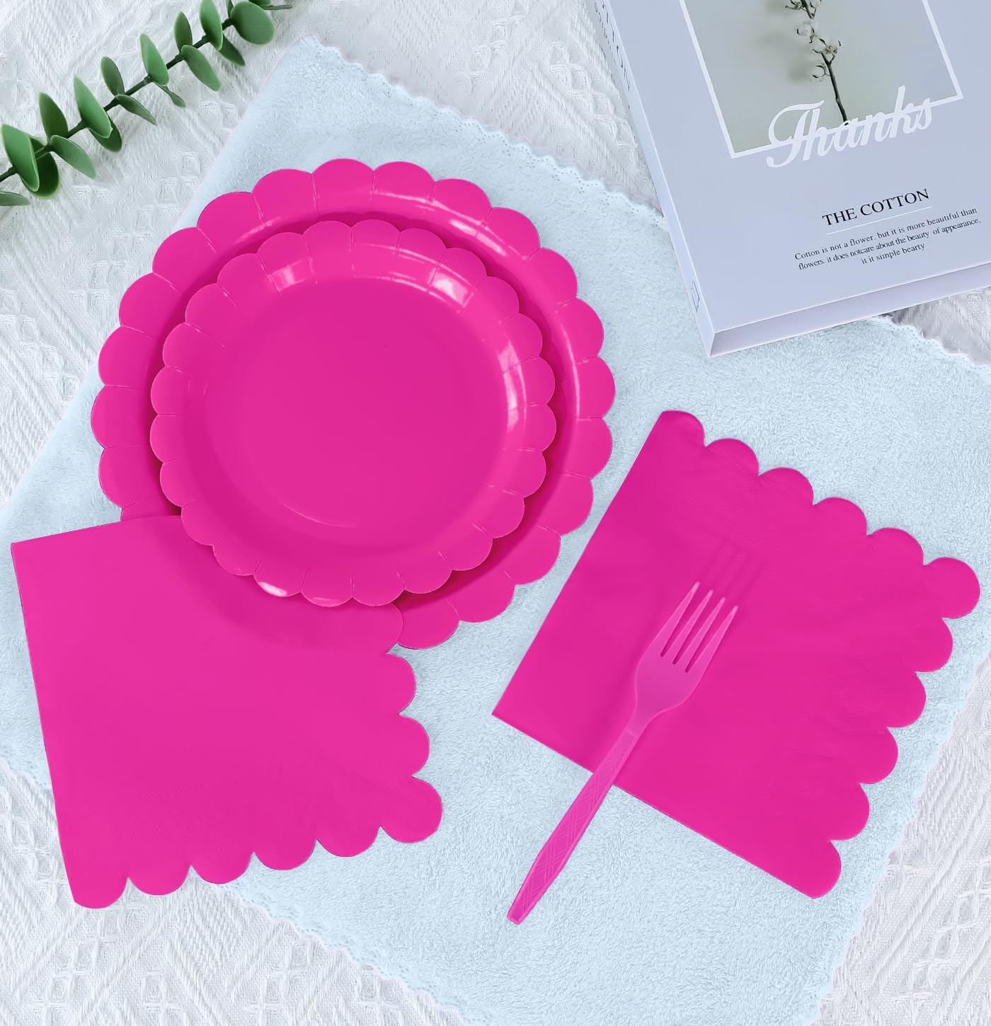 MUNILAIL 96 Pcs Hot Pink Plates and Napkins Party Supplies Serve 24 Guests Including Hot Pink Scalloped Paper Plates and Napkins Plastic Forks for Baby Shower Birthday Party Disposable Dinnerware Set