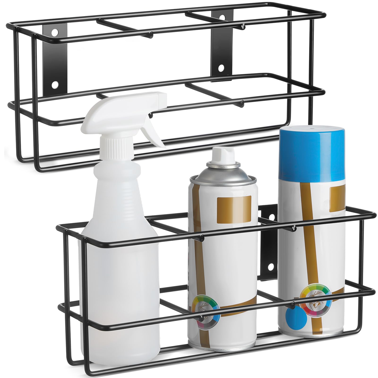 Hicarer 2 Pcs 3 Holes Spray Bottle Storage Rack Spray Bottles Holder Wall Mount Spray Bottle Organizer Heavy Duty Storage Racks Steel Bracket Storage for Spray Bottles for Garage Home Workspace