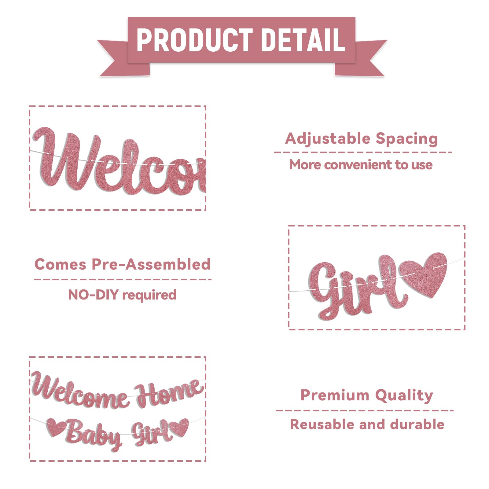 Welcome Home Baby Girl Banner - Pink Baby Shower Decorations for Girl, Gender Reveal Baby Shower Inside Outside Decoration Rose Gold Glitter