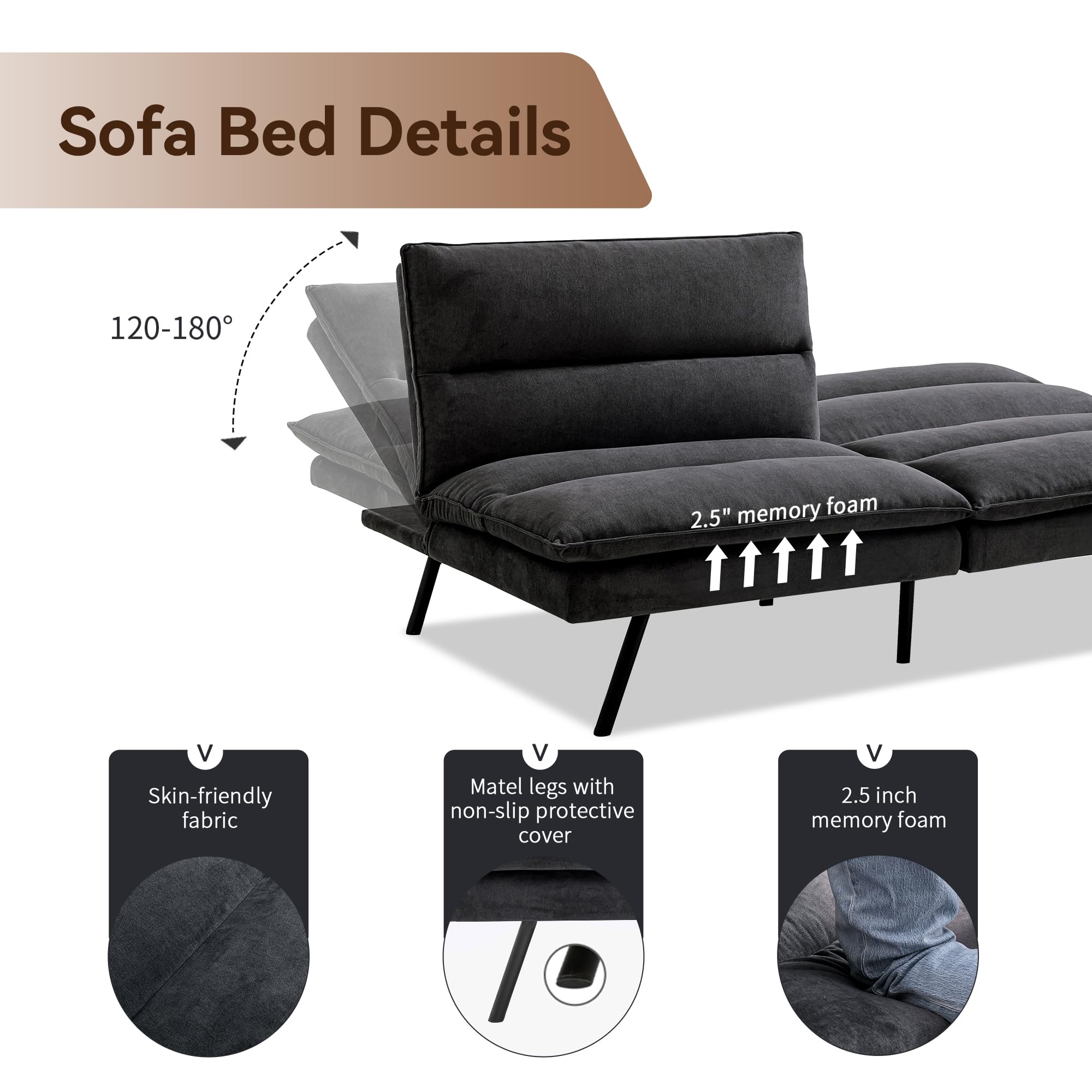 AMICLIBER Futon Sofa Bed, Memory Foam Futon Armless Sleeper Sofa Loveseat Convertible Couch Bed for Small Compact Living Spaces,Apartment,Dark Black