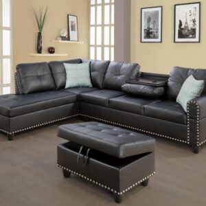 YOPTO Faux Leather Sectional Sofa with Movable Storage Ottoman,L-Shape Upholstered Modular Couch 5 Seater W/ 2 Toss Pillows and 2 Cup Holders for Living Room,Office,Black,98"