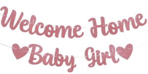 welcome home baby girl banner - pink baby shower decorations for girl, gender reveal baby shower inside outside decoration rose gold glitter