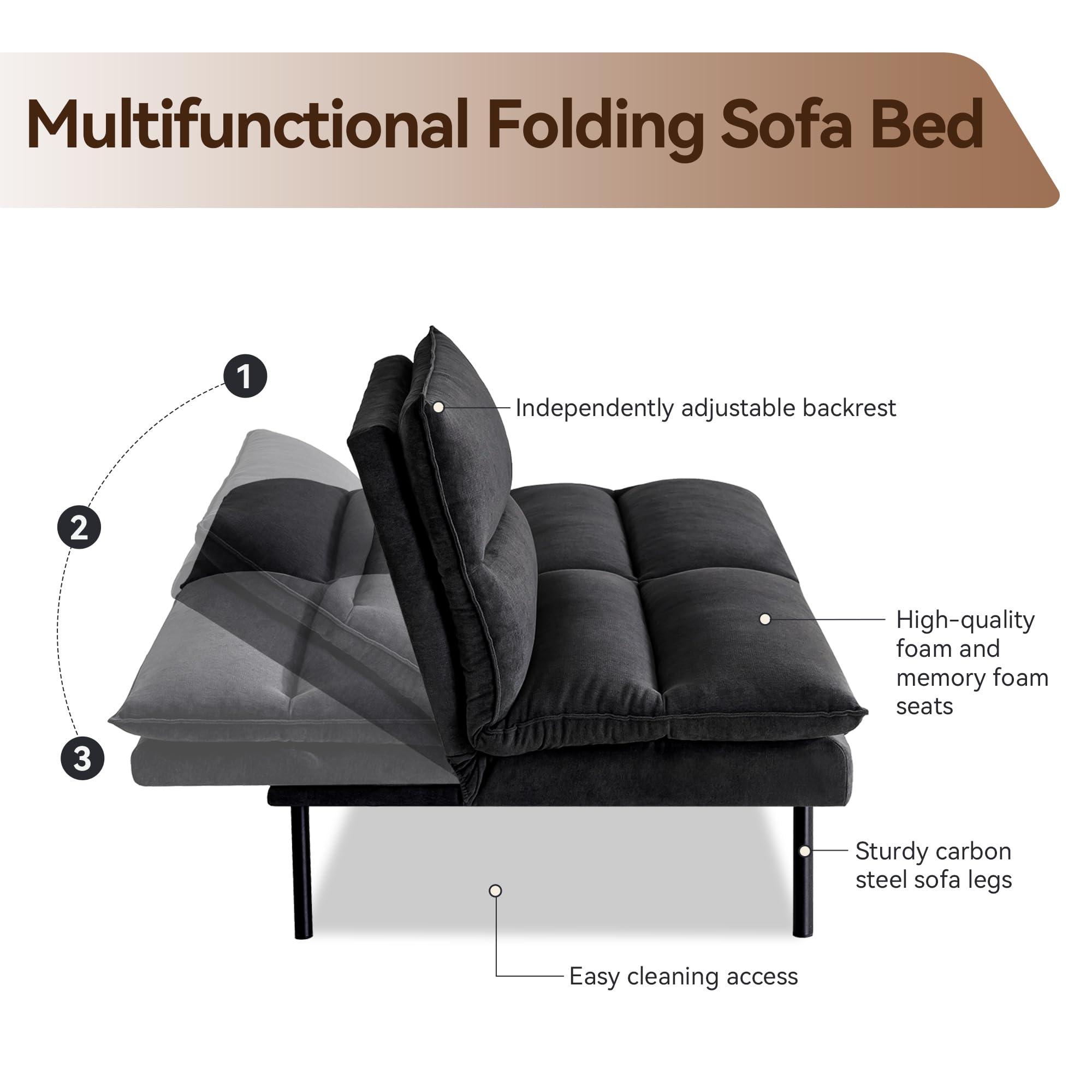 AMICLIBER Futon Sofa Bed, Memory Foam Futon Armless Sleeper Sofa Loveseat Convertible Couch Bed for Small Compact Living Spaces,Apartment,Dark Black