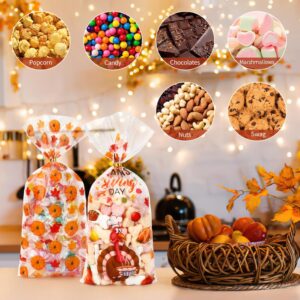 STPIYFZU Thanksgiving Treat Bags, 50 Pcs Fall Cellophane Treat Bags, Pumpkin Maple Leaf turkeys Candy Goodie Treat Bags with Twist Tie for Thanksgiving Fall Autumn Theme Party Favor Bag (4 Styles)