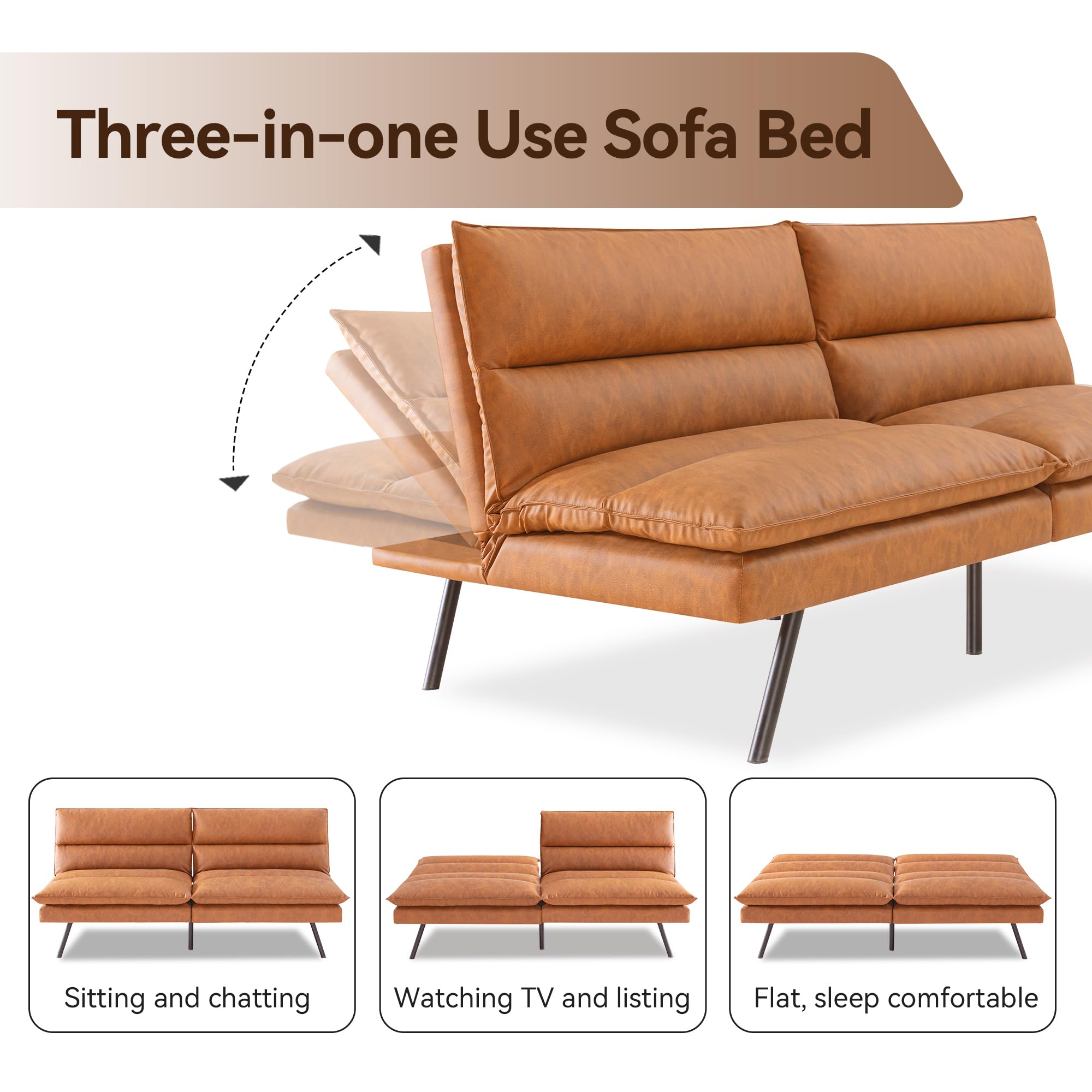 AMICLIBER Futon Sofa Bed, Memory Foam Futon Armless Sleeper Sofa Loveseat Convertible Couch Bed for Small Compact Living Spaces,Apartment,Brown Leather