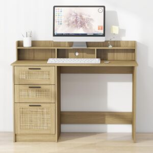 FUNKOCO Computer Desk with Rattan Drawers and Hutch Shelf - 47 Inch Home Office Writing Desk with Storage File Drawer & Monitor Stand, Modern Wood PC Laptop Workstation Computer Table