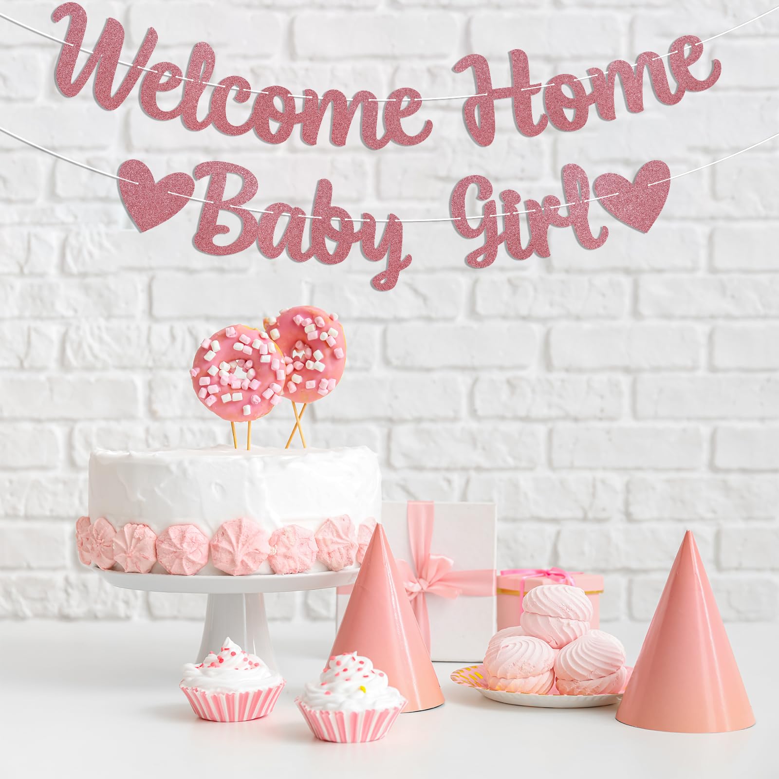 Welcome Home Baby Girl Banner - Pink Baby Shower Decorations for Girl, Gender Reveal Baby Shower Inside Outside Decoration Rose Gold Glitter