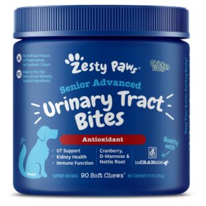 zesty paws senior cranberry supplement for dogs - bladder bites for dogs - kidney & urinary tract for dogs - soft chews with d-mannose, vitamin b6 & l-arginine - chicken - 90 count