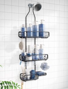 shower caddy hanging bathroom organizer: over head adjustable rack for tall showerhead - extra large storage shelf for big shampoo bottles with soap holder