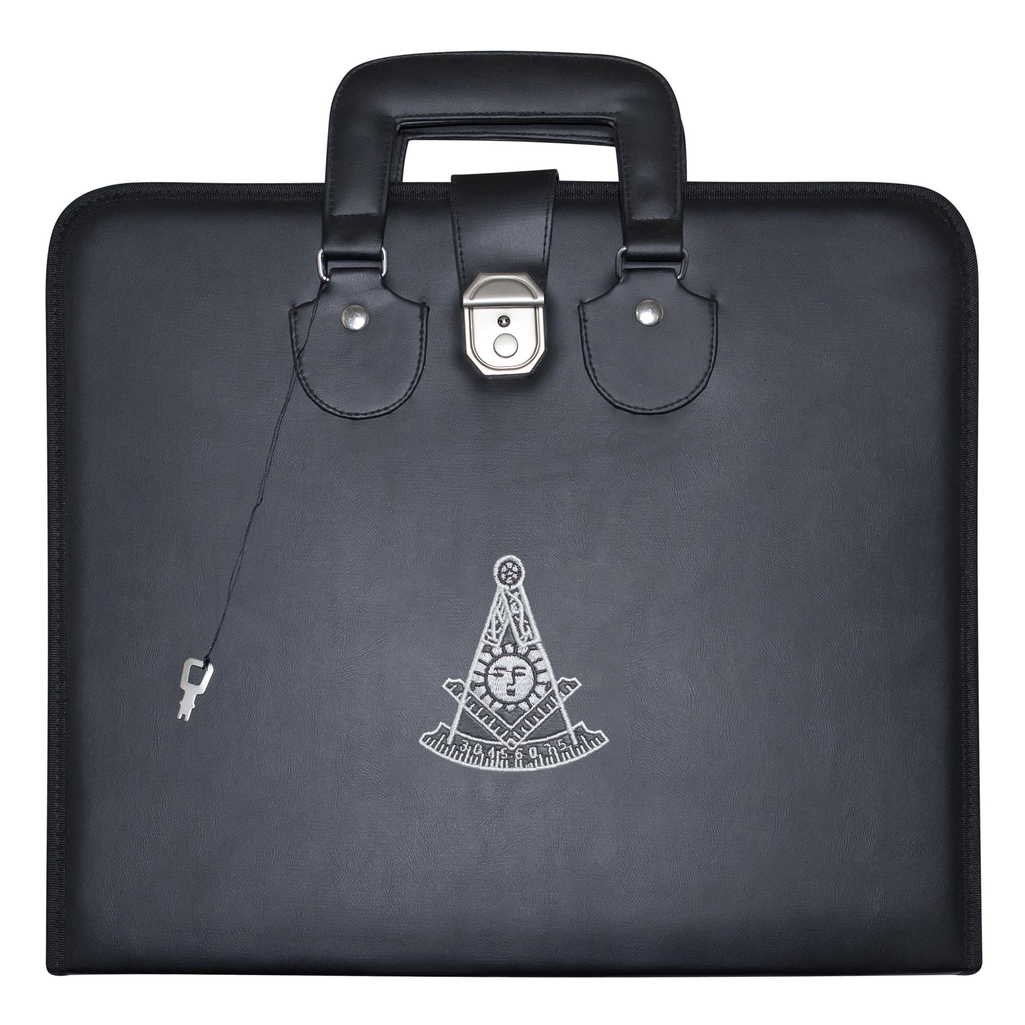 Masonic Past Master Apron Case – Machine Embroidered (Black Leather), MM Provincial Size | Freemason Carrying Bags (Silver Emblem)