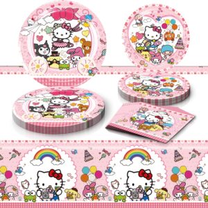 kitty birthday party supplies, 20 plates, 20 napkins and 1 tablecover for girls kitty party decorations