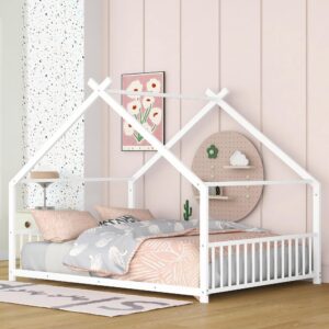 Metal Montessori Floor Bed, Full Size House Bed Frame with Headband and Slats, Full Floor Bed/Cute Montessori Bed for Kids, Girls, Boys(Full White)