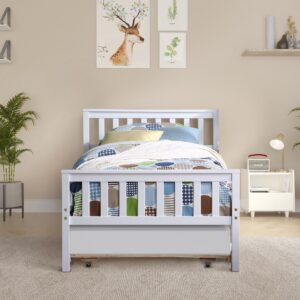 twin bed with pull out trundle, modern pine wood platform bed with headboard and footboard, trundle bed frame for bedroom, small living space, boys, girls, adults, no box spring needed, white