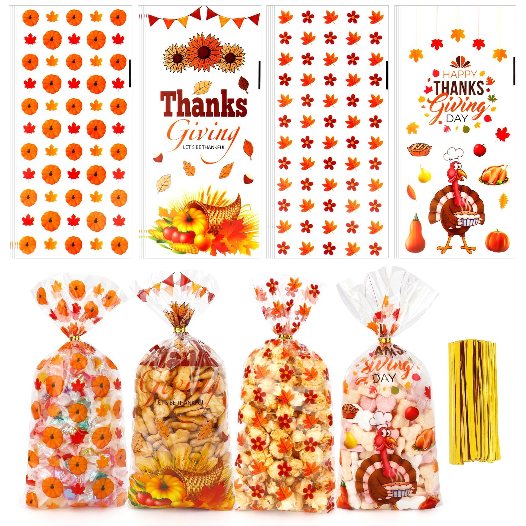 STPIYFZU Thanksgiving Treat Bags, 50 Pcs Fall Cellophane Treat Bags, Pumpkin Maple Leaf turkeys Candy Goodie Treat Bags with Twist Tie for Thanksgiving Fall Autumn Theme Party Favor Bag (4 Styles)