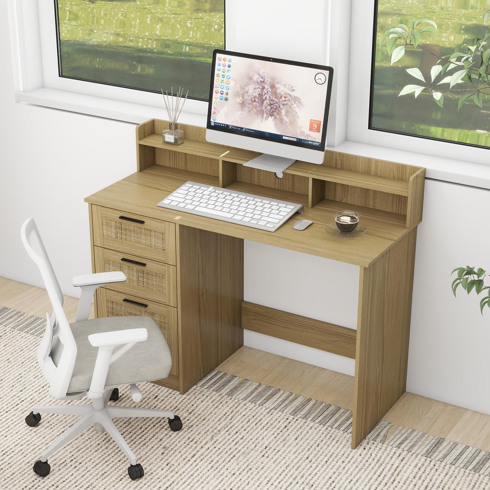 FUNKOCO Computer Desk with Rattan Drawers and Hutch Shelf - 47 Inch Home Office Writing Desk with Storage File Drawer & Monitor Stand, Modern Wood PC Laptop Workstation Computer Table