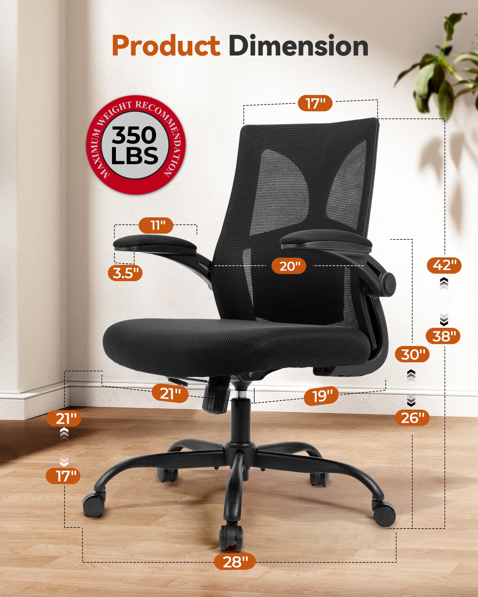 CAPOT Ergonomic Office Chair 350lbs Capacity - 3.9-inche Cushion and Tall Back Computer Desk Chair Breathable Mesh - Comfortable Swivel Office Chair with Adjustable Lumbar Support