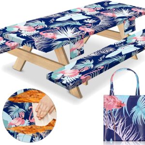 memKiya 6Ft Picnic Table Cover with Bench Covers Fitted 72×30 Inch Polyester Waterproof Dinning Tablecover Summer Outdoor Pinic Necessities Stuff Items Camper Camping Organizer Gifts Pink Flamingos