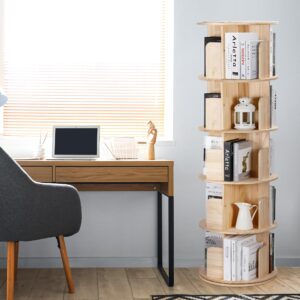 Rengue Rotating Bookshelf Tower, 5 Tiers Floor Standing Bookcase Storage Rack, 360 Display Round Spinning Bookshelf with Detachable Feet for Small Space, Bedroom, Living Room, Office