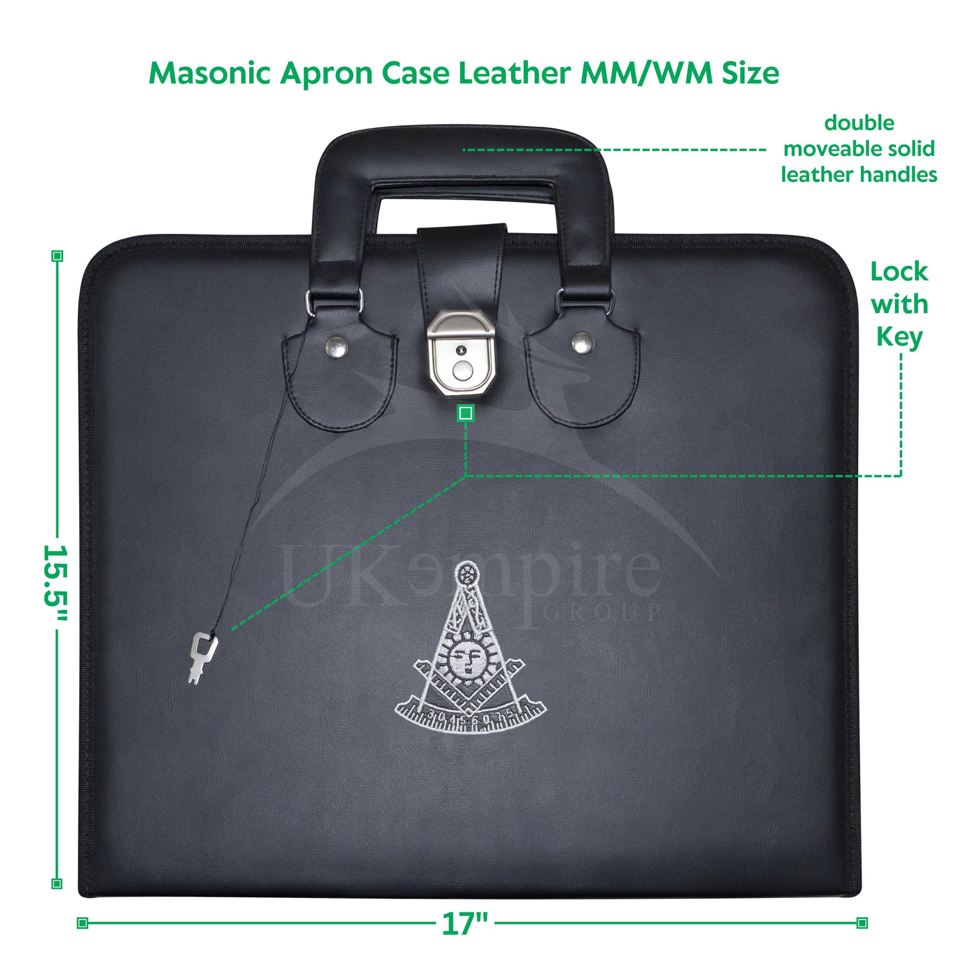 Masonic Past Master Apron Case – Machine Embroidered (Black Leather), MM Provincial Size | Freemason Carrying Bags (Silver Emblem)